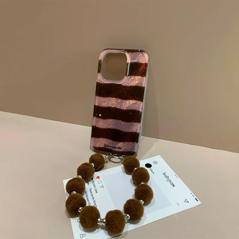Pink And Brown Stripped Ball Charm Case - Flip In Cart